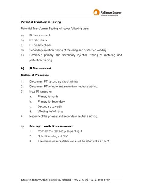 A Comprehensive Guide To Potential Transformer Testing Procedures Pdf