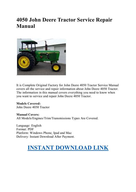 4050 John Deere Tractor Service Repair Manual By Heavy Equpmentmanual