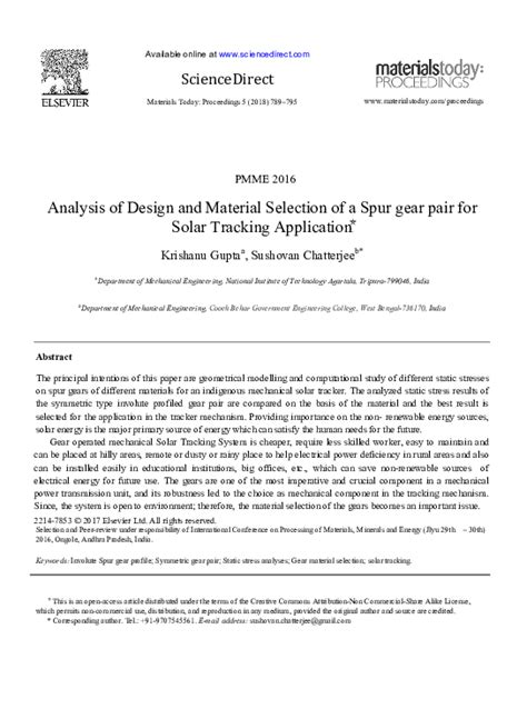Pdf Analysis Of Design And Material Selection Of A Spur Gear Pair For Solar Tracking Application