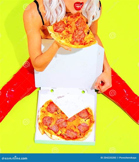 Food Creative Minimal Art Pizza Lover Concept Blonde Lady Stock Image