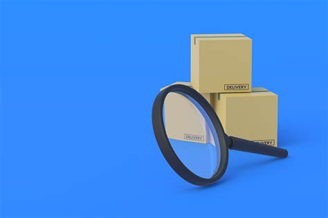 돋보기 근처의 골판지 상자 패키지 추적 운송 회사를 검색합니다 택배 서비스 제어 배송 의 품질을 확인합니다 화물 운송 시장의 분석 3d 렌더 3차원 형태에 대한 스톡 사진