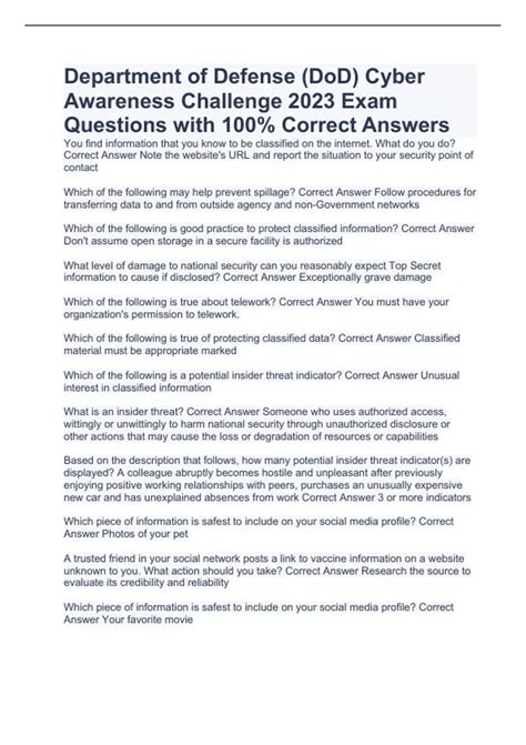 Department Of Defense Dod Cyber Awareness Challenge 2023 Exam Questions With 100 Correct