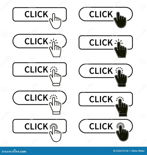 Click Button Set With Hand Pointer Clicking Click Here Web Button Stock Vector Illustration