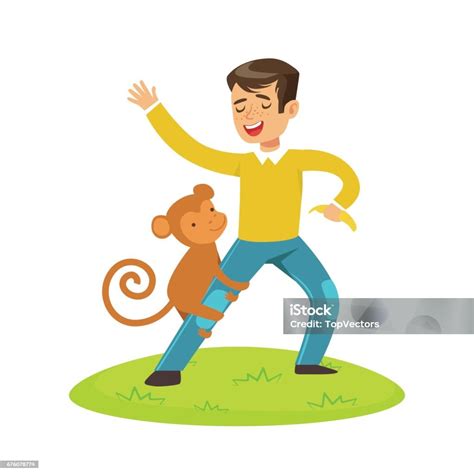 서 고 원숭이 야외가지고 노는 귀여운 행복 한 소년 화려한 만화 캐릭터 벡터 일러스트 레이 션 공연에 대한 스톡 벡터 아트 및