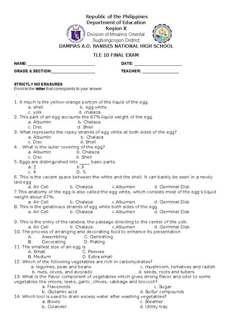 Tle 10 Final Exam Review Egg Anatomy And Vegetable Knowledge Studocu