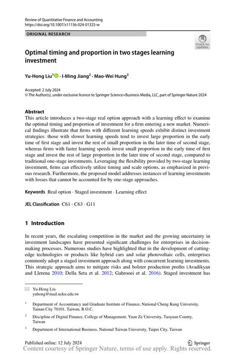 Optimal Timing And Proportion In Two Stages Learning Investment Request Pdf