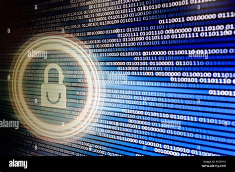 Padlock Icon On Led Computer Display Screen With Binary Code Moving In