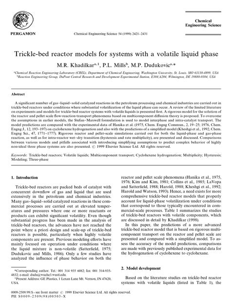 Trickle Bed Reactor Models For Systems With A Volatile Liquid Phase Pdf Chemical Reactor