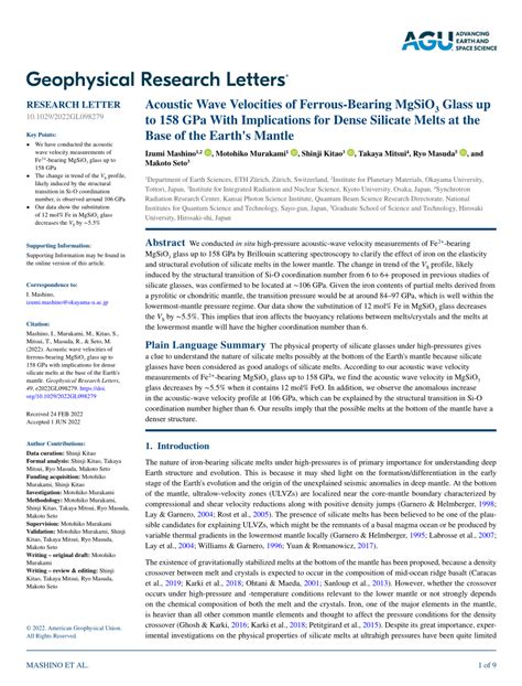 Acoustic Wave Velocities Of Ferrous‐bearing Mgsio3 Glass Up To 158 Gpa