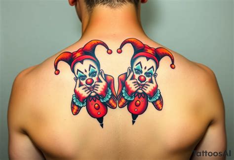 Two Jester Clowns Standing Behind Each Other Holding Cheeks Up To Smile Tattoo Idea Tattoosai
