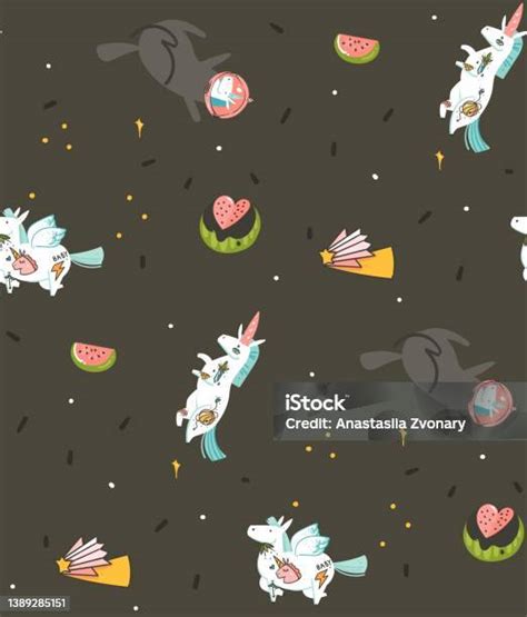 손으로 그린된 벡터 추상적인 그래픽 창작 만화 일러스트 원활한 패턴 우주인 유니콘 문신 올드 스쿨 Pegasust와 검은 Backgroun에 고립 된 우주에 있는 행성 0