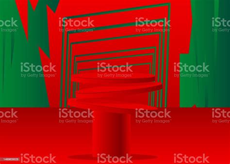 녹색과 빨간색 제품 디스플레이 추상 모형 벡터 3d 룸 미래형 실린더 받침대 연단 프레젠테이션을 위한 공상 과학 최소 무대 쇼케이스 기하학적 형태 빈 장면 0명에 대한 스톡