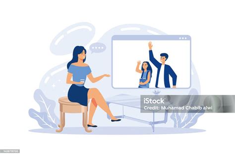 화상 통화 및 컴퓨터에서 가족 및 친구와 그룹 채팅 벡터 만화 일러스트레이션 소녀 아이 채팅 및 가족에게 화상 통화로 메시지 보내기 플랫 벡터 일러스트 레이 션 가족에 대한