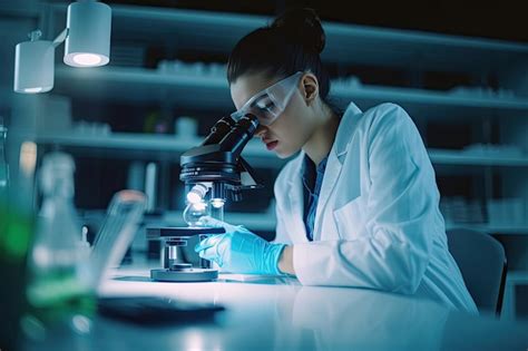Premium Ai Image Medical Research Laboratory Caucasian Female Scientist Examining Microscope
