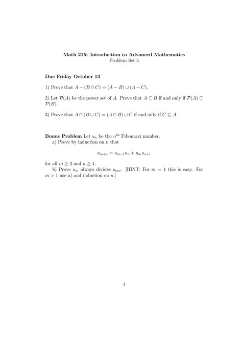 Problem Set 5 Introduction To Advanced Mathematics Math 215 Docsity