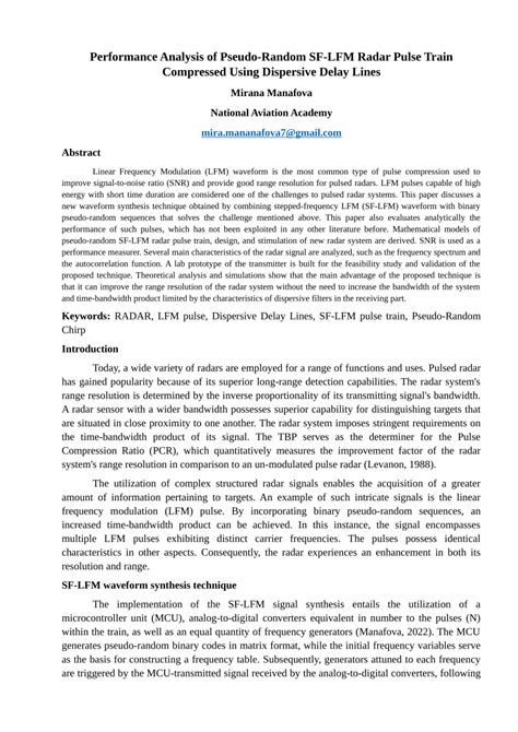 Pdf Performance Analysis Of Pseudo Random Sf Lfm Radar Pulse Train Compressed Using Dispersive