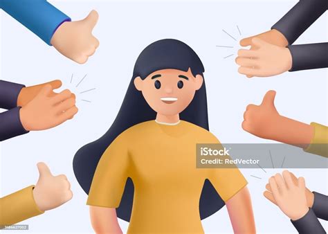 엄지손가락을 치켜들고 박수를 치는 손으로 둘러싸인 쾌활한 젊은 여성 3d 캐릭터 사람들 공공 승인의 개념 3차원 형태에 대한 스톡 벡터 아트 및 기타 이미지 Istock