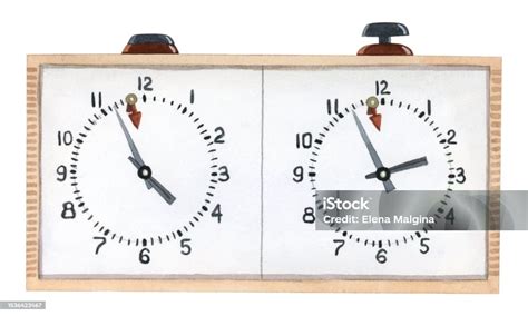 기계식 시계 바늘이 있는 나무 클래식 체스 시계는 체스 클럽을 위한 흰색 배경에 분리된 수채화 그림 호환성 발표 디자인 검은색에 대한 스톡 벡터 아트 및 기타 이미지