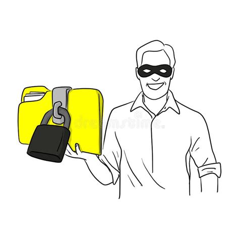 Thief Hacker Virus Dressed In Dark Mask Stolen Big Yellow Folder With Lock Vector Illustration
