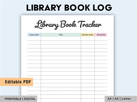 Library Book Tracker Printable Book Log Library Book Return Reading Tracker Reading Log