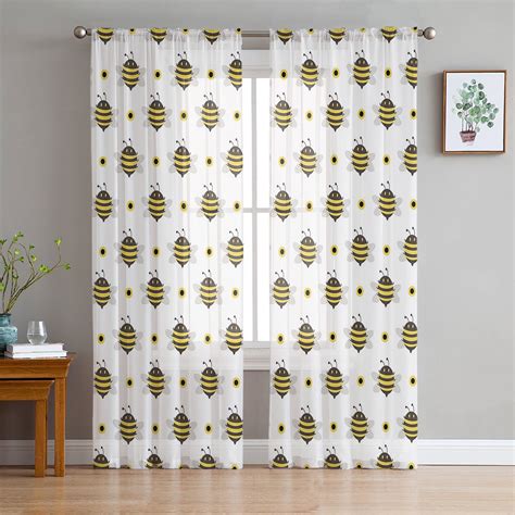 Cartoon Bee Cute Square Pattern Tulle Curtains For Living Room Kitchen