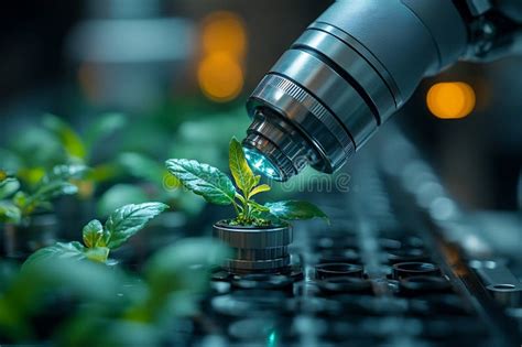 Futuristic Plant Science Robotic Microscope Examining Young Plant In Lab Stock Illustration