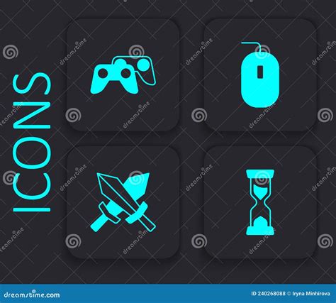 Set Old Hourglass Game Controller Or Joystick Computer Mouse And Sword For Game Icon Black