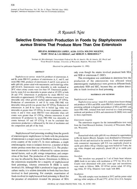 Pdf Selective Enterotoxin Production In Foods By Staphylococcus Aureus Strains That Produce