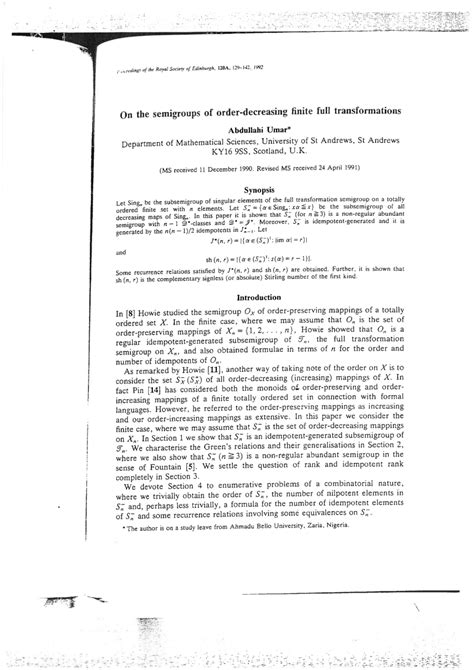 Pdf On The Semigroups Of Order Decreasing Finite Full Transformations