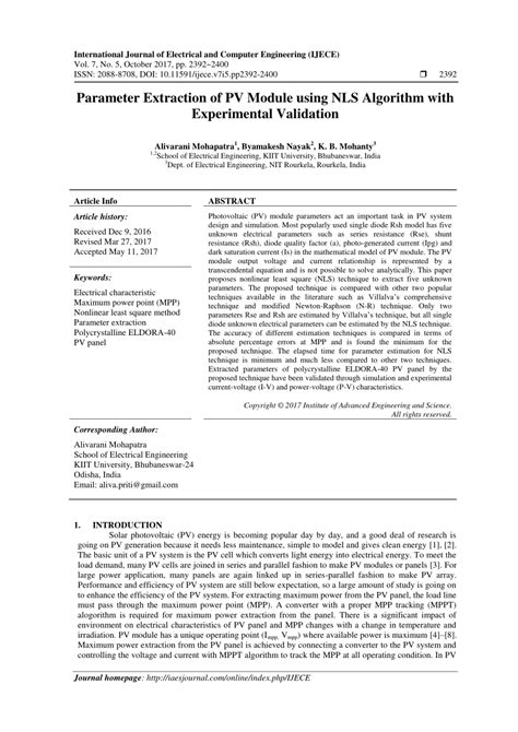 PDF Parameter Extraction Of PV Module Using NLS Algorithm With Experimental Validation