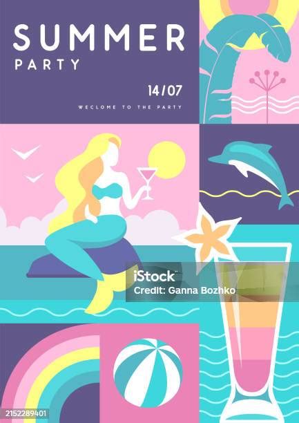 복고풍 평면 여름 디스코 파티 포스터 와 여름 속성 와 칵테일 돌고래 열대 잎과 무지개를 가진 인어 벡터 일러스트 레이 션 일러스트레이션에 대한 스톡 벡터 아트 및 기타