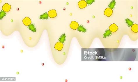 파인애플과 막대 사탕 3d 빛 파스텔 테두리 흰색 배경 바닐라 아이스크림에 과일 Lobules 달콤한 진미 벡터와 격리 뿌리고 녹는 아이스크림 건강한 생활방식에 대한 스톡