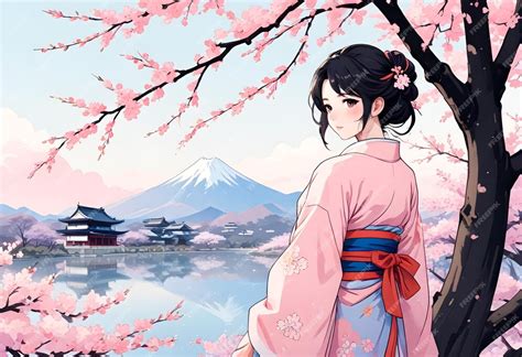 Premium Photo A Girl In A Kimono Under A Cherry Blossom Tree