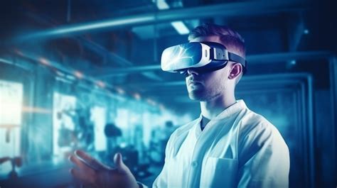 Premium Ai Image Arafed Man In Lab Coat Using Virtual Reality Device In Office Generative Ai