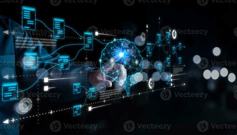 Ai Technology Businessman Touch Brain Working Data And Algorithm Of