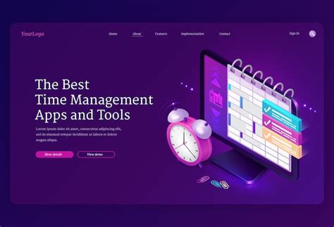 Free Vector Time Management Apps And Tools Isometric Landing Page Computer Desktop With