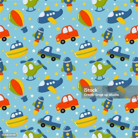 원활한 패턴 만화 수송 장난감 자동차 보트 헬리콥터 로켓 풍선 및 비행기 파란색 배경에 고립 된 가와이이 스타일 그림 벡터입니다 0명에 대한 스톡 벡터 아트 및 기타 이미지