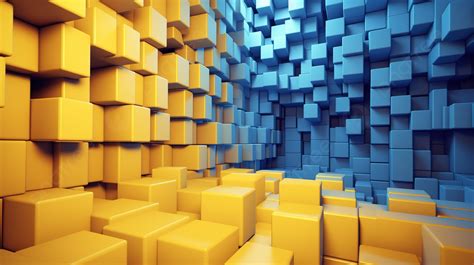 노란색과 파란색 큐브는 3d 벽에 흩어져 있습니다 큐브 배경으로 만든 3d 추상 노란색과 파란색 인테리어 고화질 사진 사진
