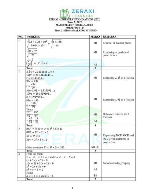 Undefined Mathematics Form 4 Paper 1 Marking Scheme Pdf Area Angle