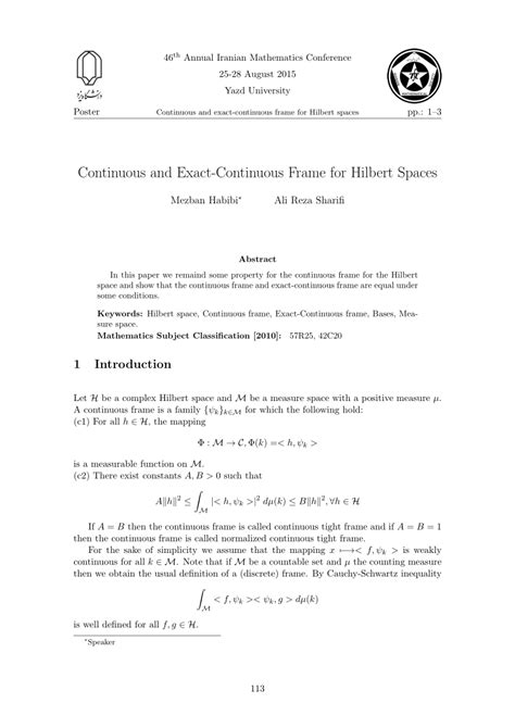 Pdf Continuous And Exact Continuous Frame For Hilbert Spaces