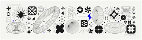 산성 스타일로 설정된 벡터 그래픽 자산 다양한 형태의 와이어 프레임 요소가있는 복고풍 미래 배경 디자인 템플릿 포스터 옷 스티커