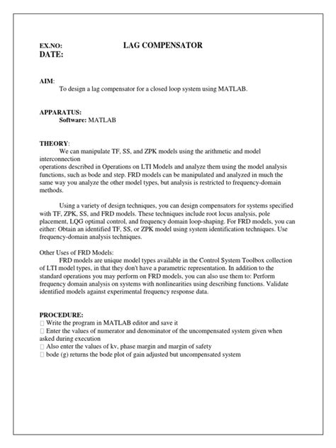 Lag Compensator Date Ex No Pdf Matlab Control Theory