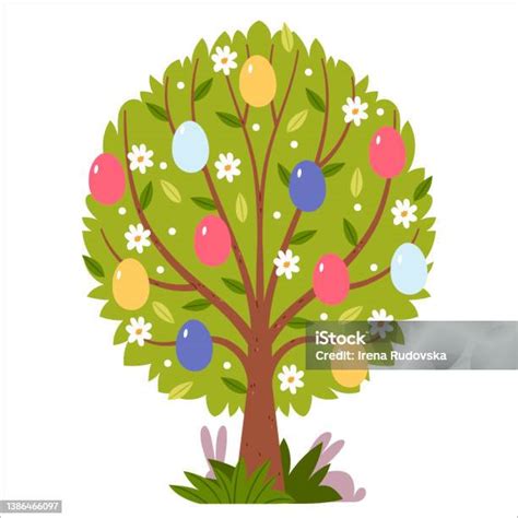 봄 나무에 부활절 다채로운 달걀 엽서손으로 그려진 평면 일러스트 나무에 대한 스톡 벡터 아트 및 기타 이미지 나무 부활절 달걀 달걀 Istock