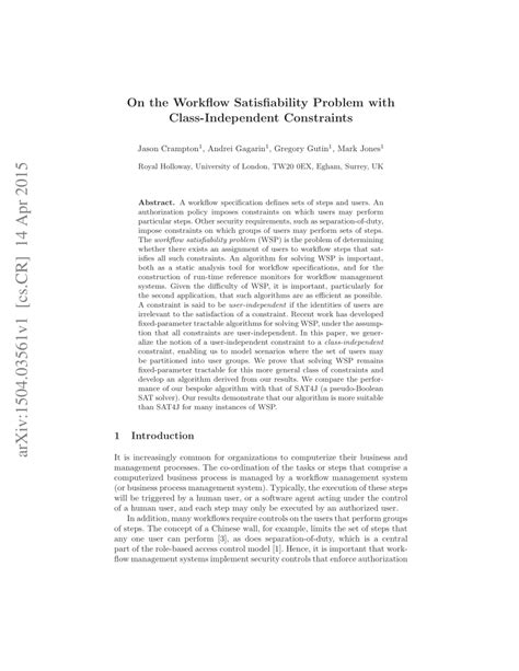 Pdf On The Workflow Satisfiability Problem With Class Independent Constraints
