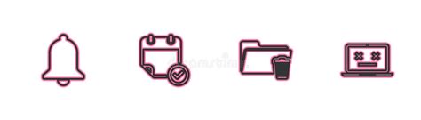 Set Line Ringing Bell Delete Folder Calendar With Check Mark And Dead Laptop Icon Vector