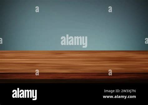 Empty Wooden Board Table In Front Of Greish Blue And Sea Green