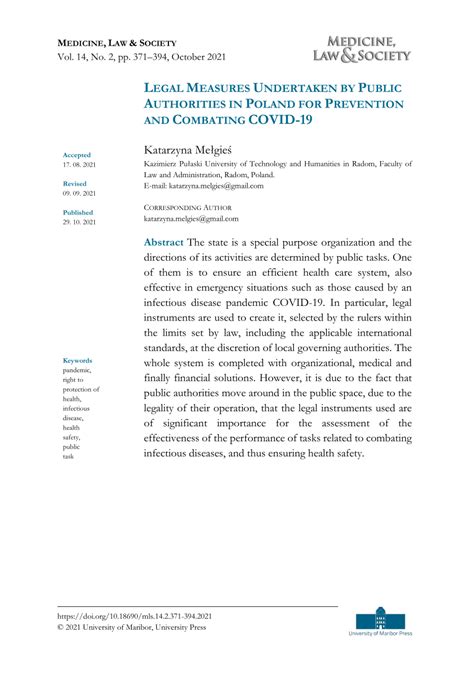 Pdf Legal Measures Undertaken By Public Authorities In Poland For