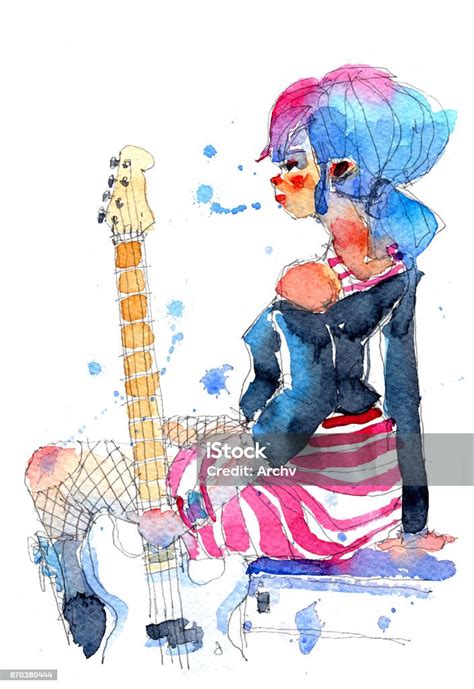 Ilustrasi Lukisan Cat Air Set Gadis Bintang Rock Keren Dengan Gitar Bass Listrik Karya Seni