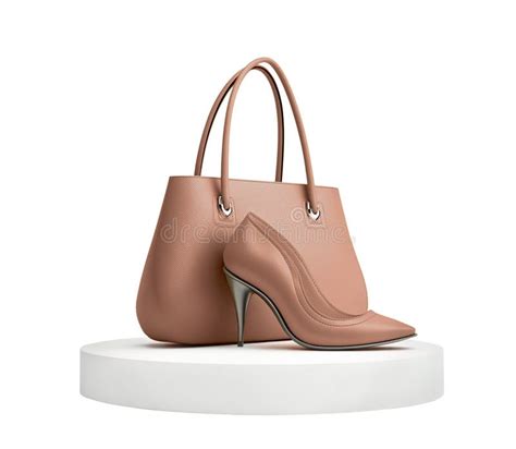 Elegant Beige Mocha Mousse Handbag And High Heel On White Display Platform Isolated On White