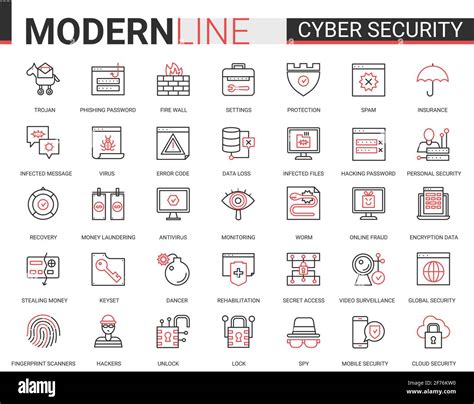 Cyber Security Red Black Outline Line Icons Set Stock Vector Image Art Alamy